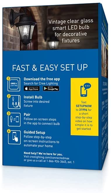 Cree Lighting Connected Max Smart Led Vintage Glass Filament Bulb B11 Candelabra 40W Tunable White, 2.4 Ghz, Compatible with Alexa and Google Home, No Hub Required, Bluetooth + WiFi, 6Pk, Clear