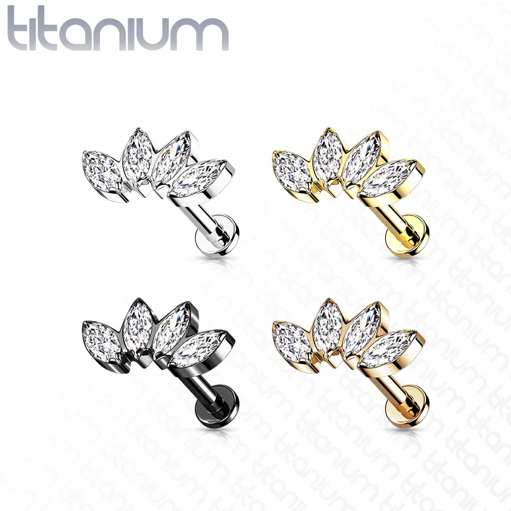 Dynamique Implant Grade Titanium Internally Threaded 4 Marquise CZ Fan Labret, Flat Back Studs for Ear Cartialge, Chin and More (Sold Per Piece)