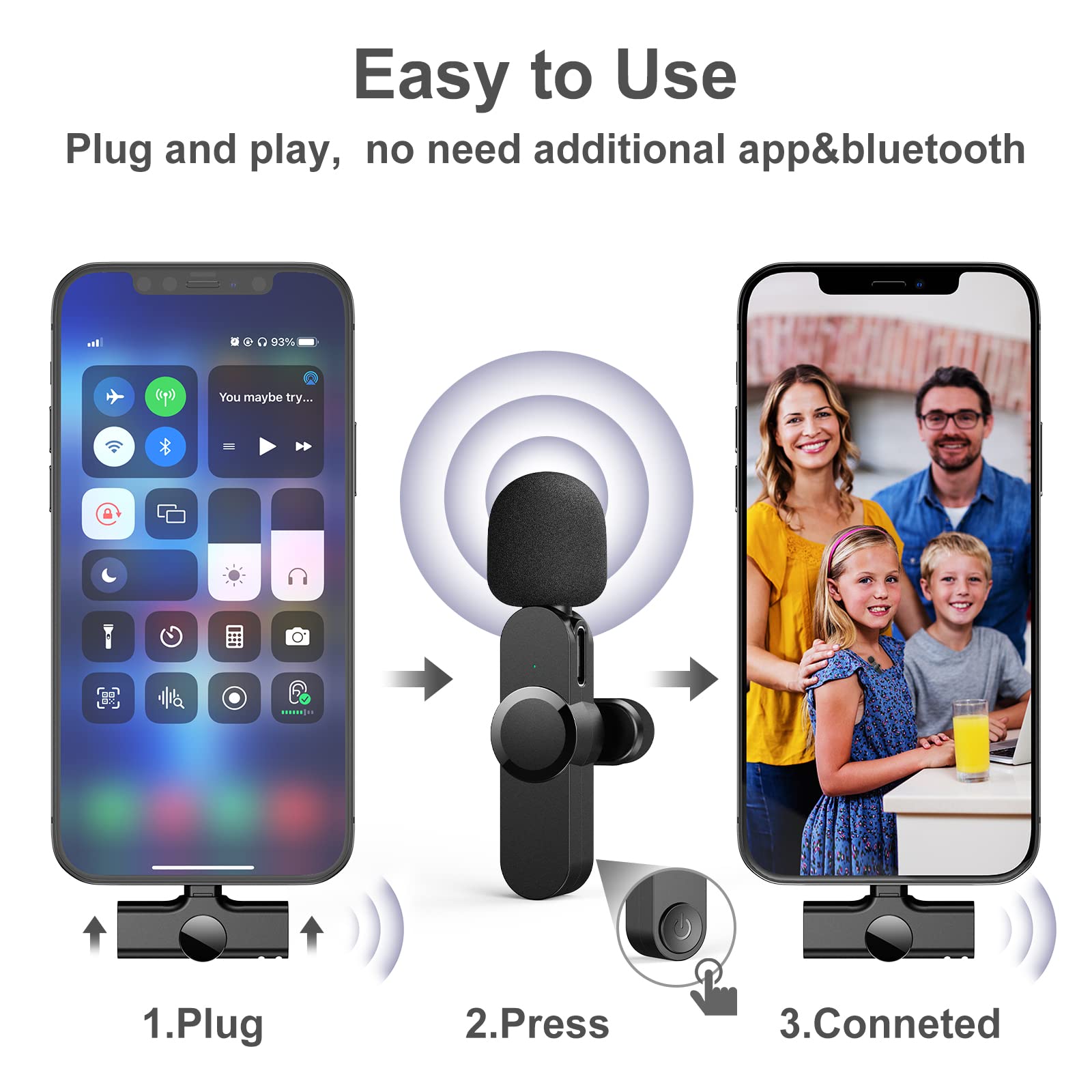 Evary Wireless Lavalier Microphone, Plug-in Lapel Microphone for iPhone, iPad, YouTube, TikTok, NO Bluetooth Needed