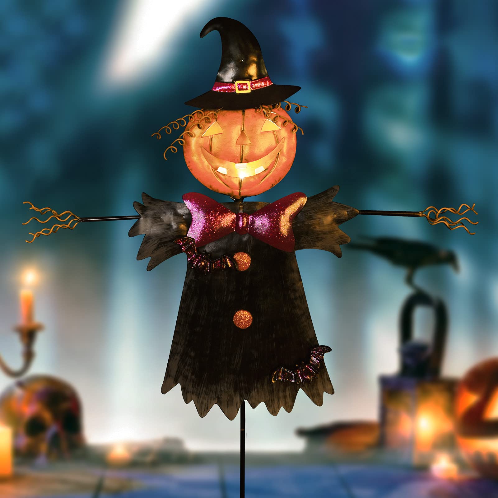 Solar Halloween Decorations Outdoor,Metal Scarecrow Shape Halloween Jack O' Lantern, Solar Pathway Stake Halloween Lights Decor for Garden, Patio, Yard and Farmhouse.