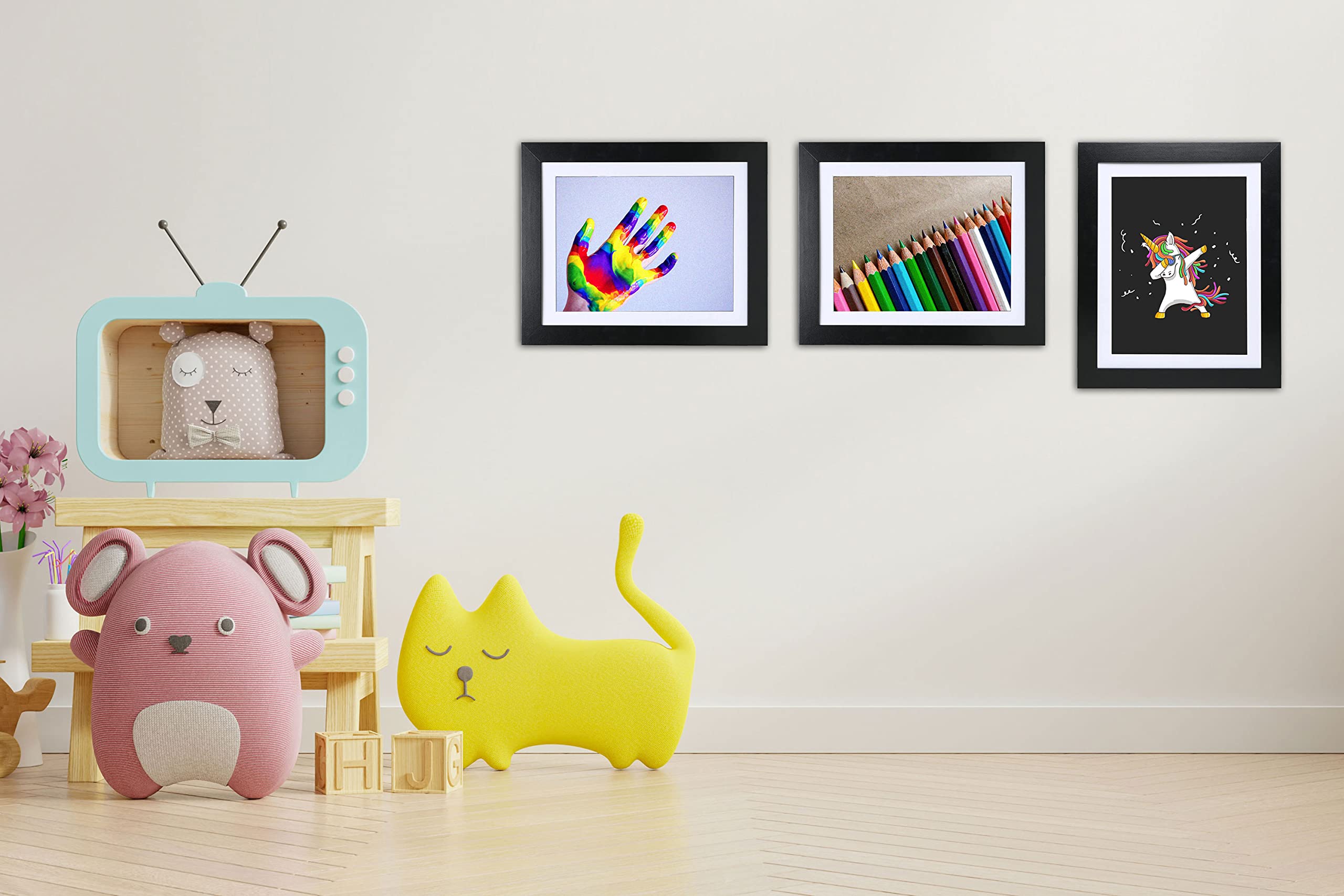 FrameWorks 10β x 12.5β Black Wooden Kid Art Frame with Gallery Style Edges, Tempered Glass, and Elastic Straps
