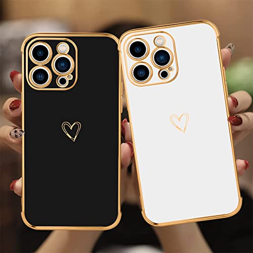 MZELQ Compatible with iPhone 14 Pro Case for Women Cute Luxury Love Heart Pattern Design Full Camera Protection Soft TPU Reinforced Corners Protective Plating Edge Phone Case 6.1 in 2022 - Black