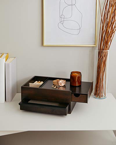 Umbra Stowit Jewelry Box-Modern Keepsake Storage Organizer with Hidden Compartment Drawers for Ring, Bracelet, Watch, Necklace, Earrings, and Accessories, Black/Walnut
