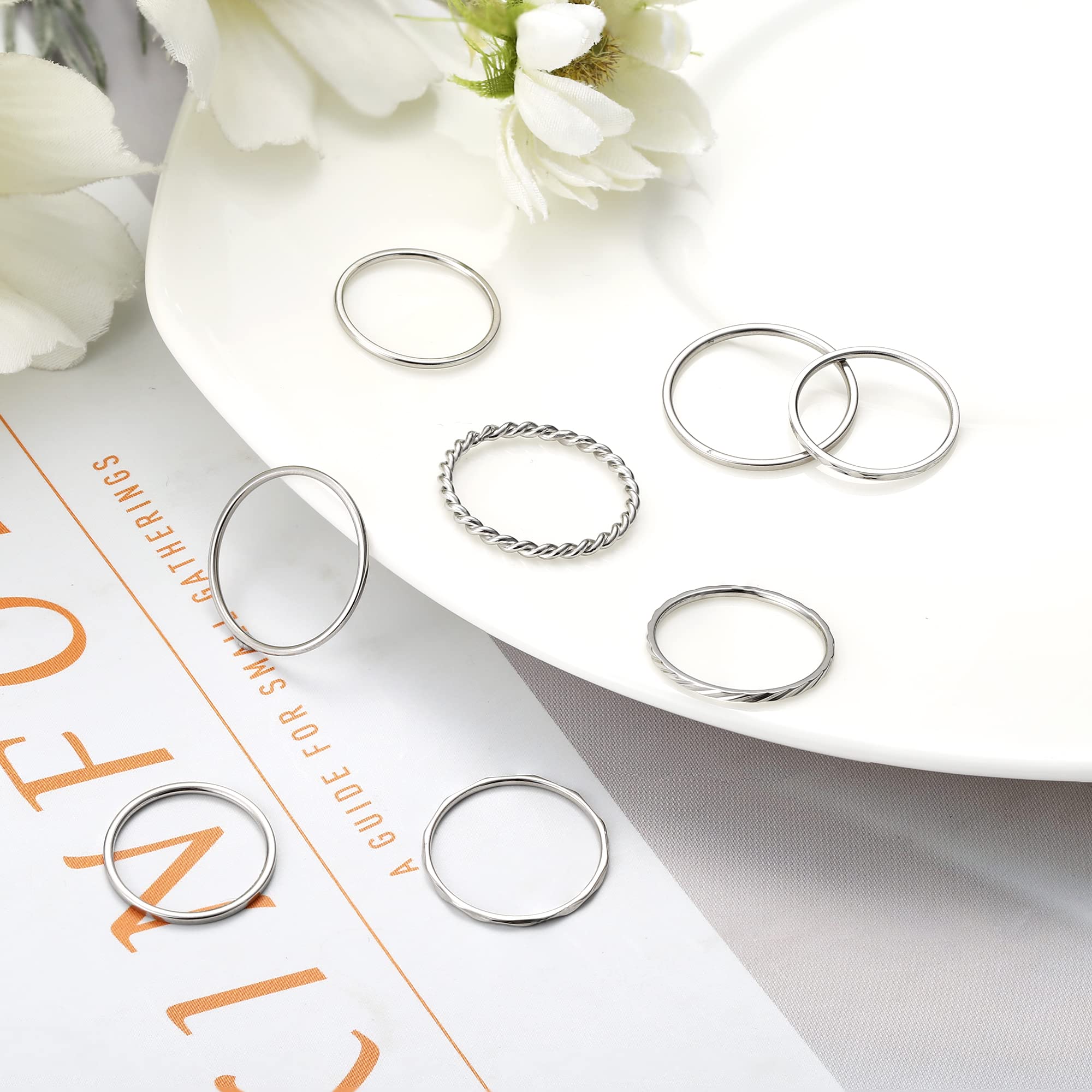 DOLOTTA 8Pcs 1mm Stainless Steel Ring Set Women's Plain Band Knuckle Rings Stacking Midi Rings Comfort Fit Silver/Gold Tone Size 4 to 8