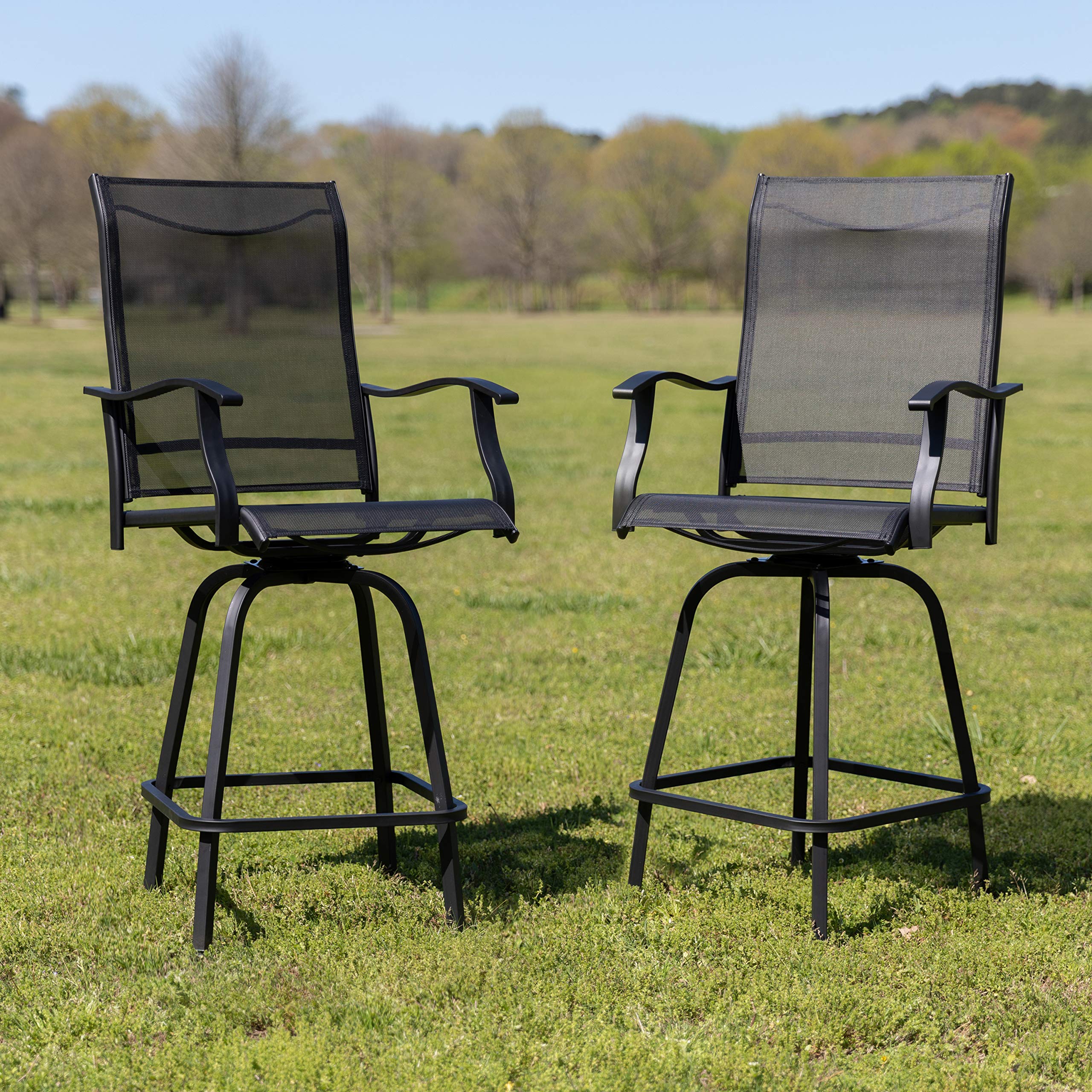 Flash Furniture Valerie Patio Bar Height Stools Set of 2, All-Weather Textilene Swivel Patio Stools with High Back & Armrests in Black