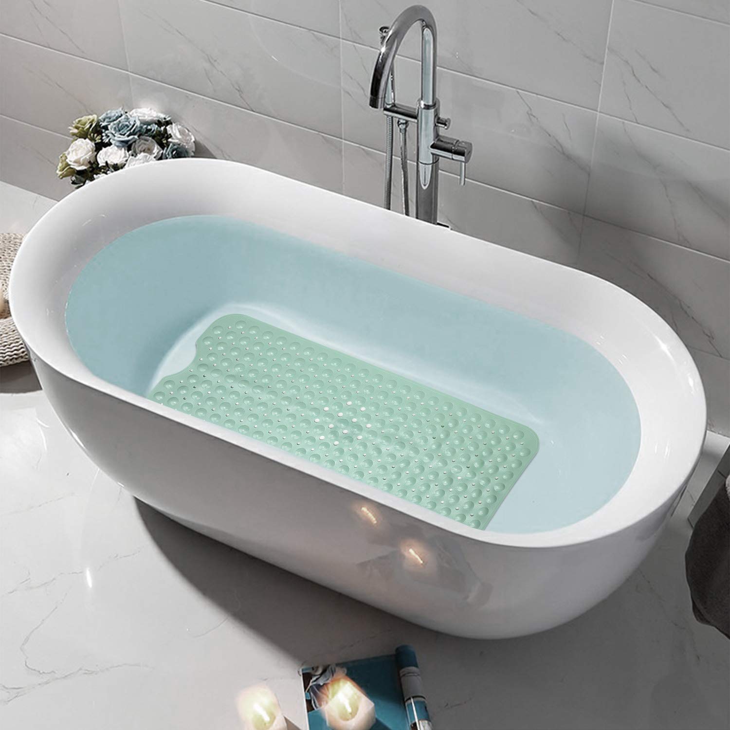 YINENN Bath and Shower Safety Mats 40x16 inch, Non Slip with Suction Cups for Bathroom Stall and Tub Floor, Extra Large and Machine Washable, Drain Holes Keep Bathtub Clean, Light Green