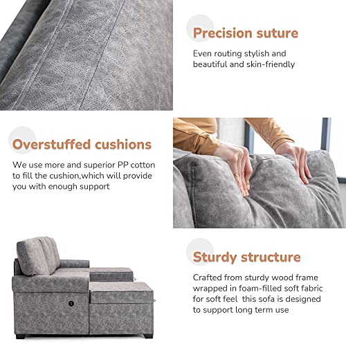 MOEO 108.75" U-Shaped Living Room Sectional Sofa with 2 Chaise Lounges, Large Reversible 6-Seater Couch w/Two USB Port Plug, Storage, Pull Out Bed, Upholstered Nail Head Trim, Grey