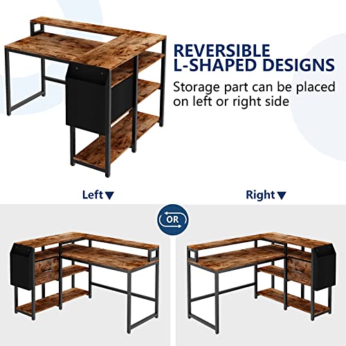 Loomie Reversible L Shaped Desk with Drawer, 55" W x 41" D Industrial Corner Computer Desk with 4 Tier Shelves & Monitor Stand and Bag, Study Table for Home Office, Rustic