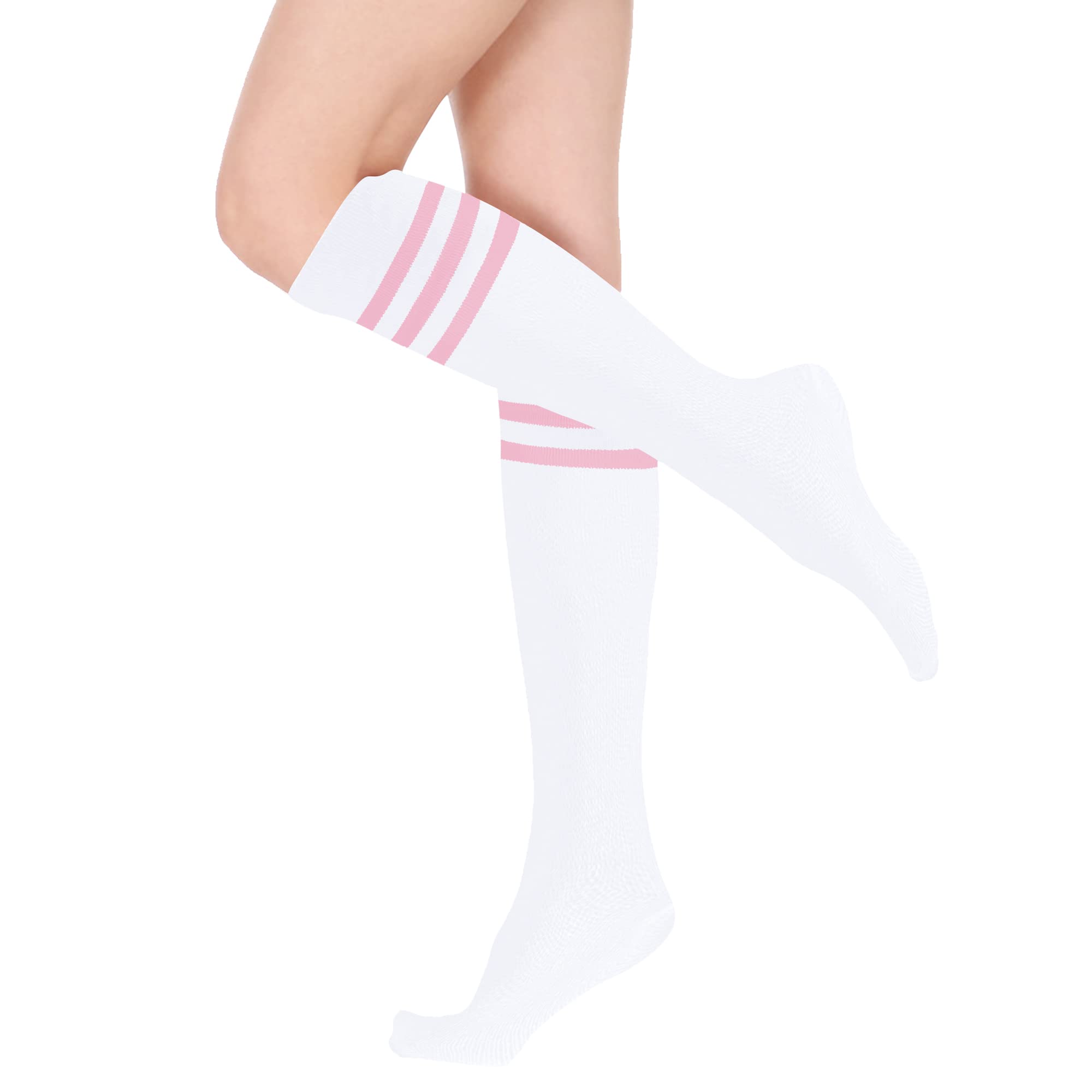 DOOVID Knee High Socks for Women Tube Socks Elasticity Athletic Socks Stripe Knee High Stockings Casual Socks White Pink One Size
