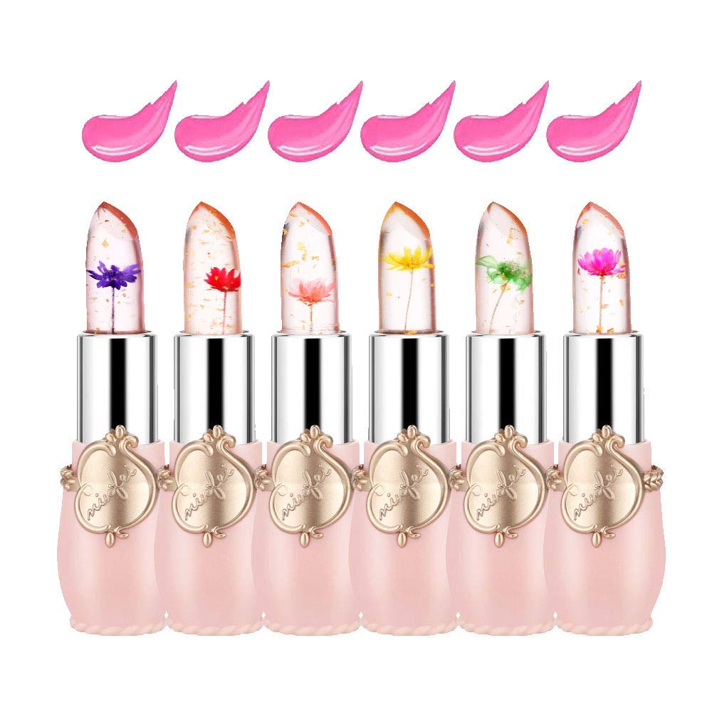 Eakroo Flower Lip Gloss Crystal Jelly Lipstick, 6 Packs Long Lasting Nutritious Lip Balm Lips Moisturizer Magic Temperature Color Change Lipgloss (pink)