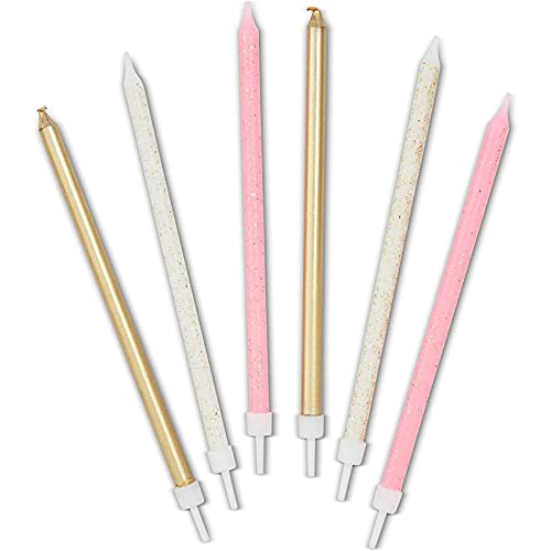 Metallic Glitter Long Thin Birthday Cake Candles in Holders (5 in, 48 Pack)