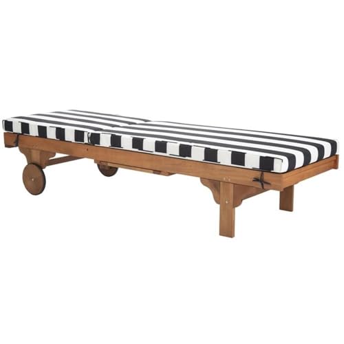 SAFAVIEH Outdoor Collection Newport Natural/ Black & White Stripe Cushion Built-in Side Table Adjustable Chaise Lounge Chair