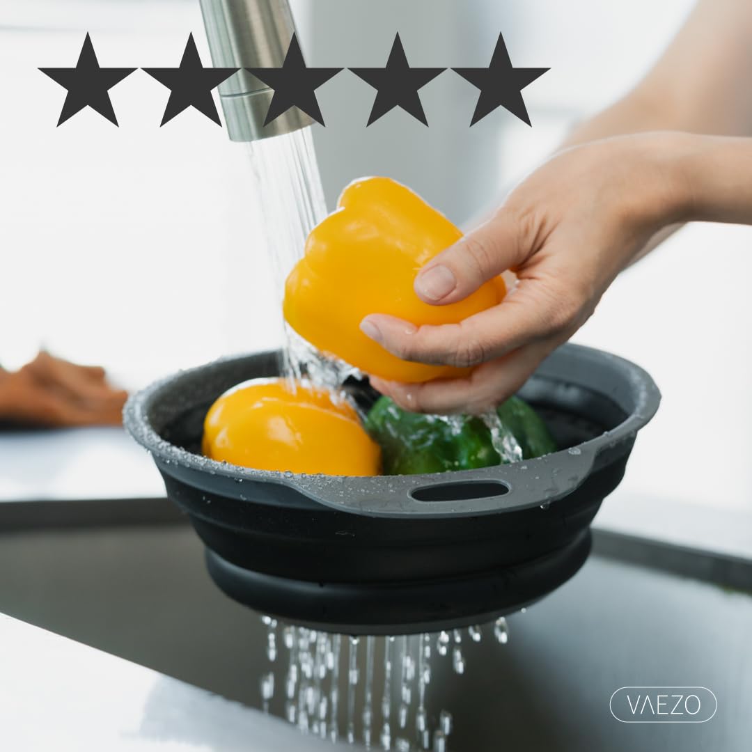 Collapsible Colander | 2-Pack Black Collapsible Strainer for Pasta, Fruits, & Vegetables | Compact Silicone Strainer Ideal for Straining all Sorts of Foods | Strainer for Everyday Use Medium