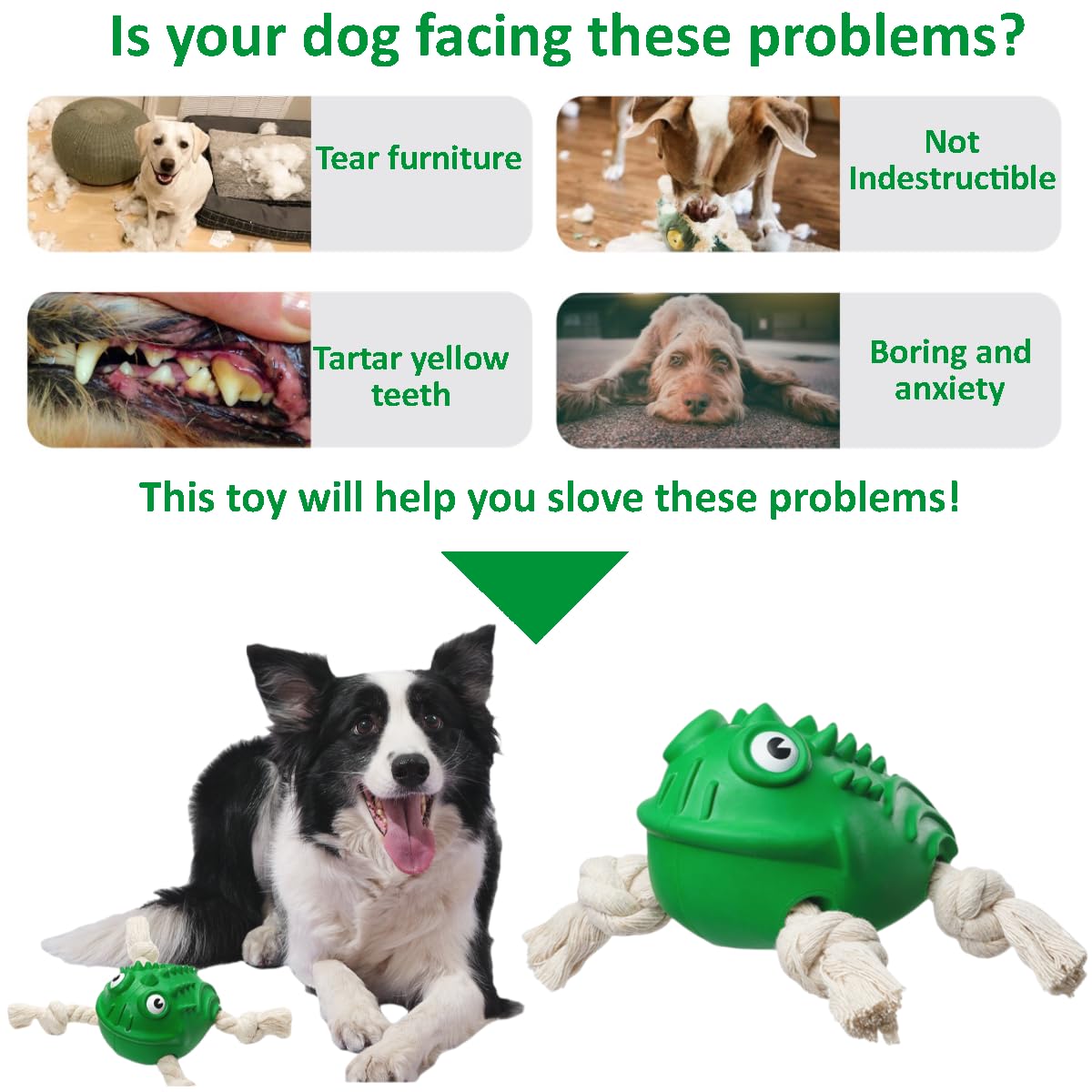 Generic New Indestructible Robust Rubber & Cotton Toad Dog Toy for Aggressive Chewers,Toad Shape Unbreakable Interactive Dog Chew Toys, Chew-Resistant Toad Squeaky Dog Toy for Teeth Cleaning, Green