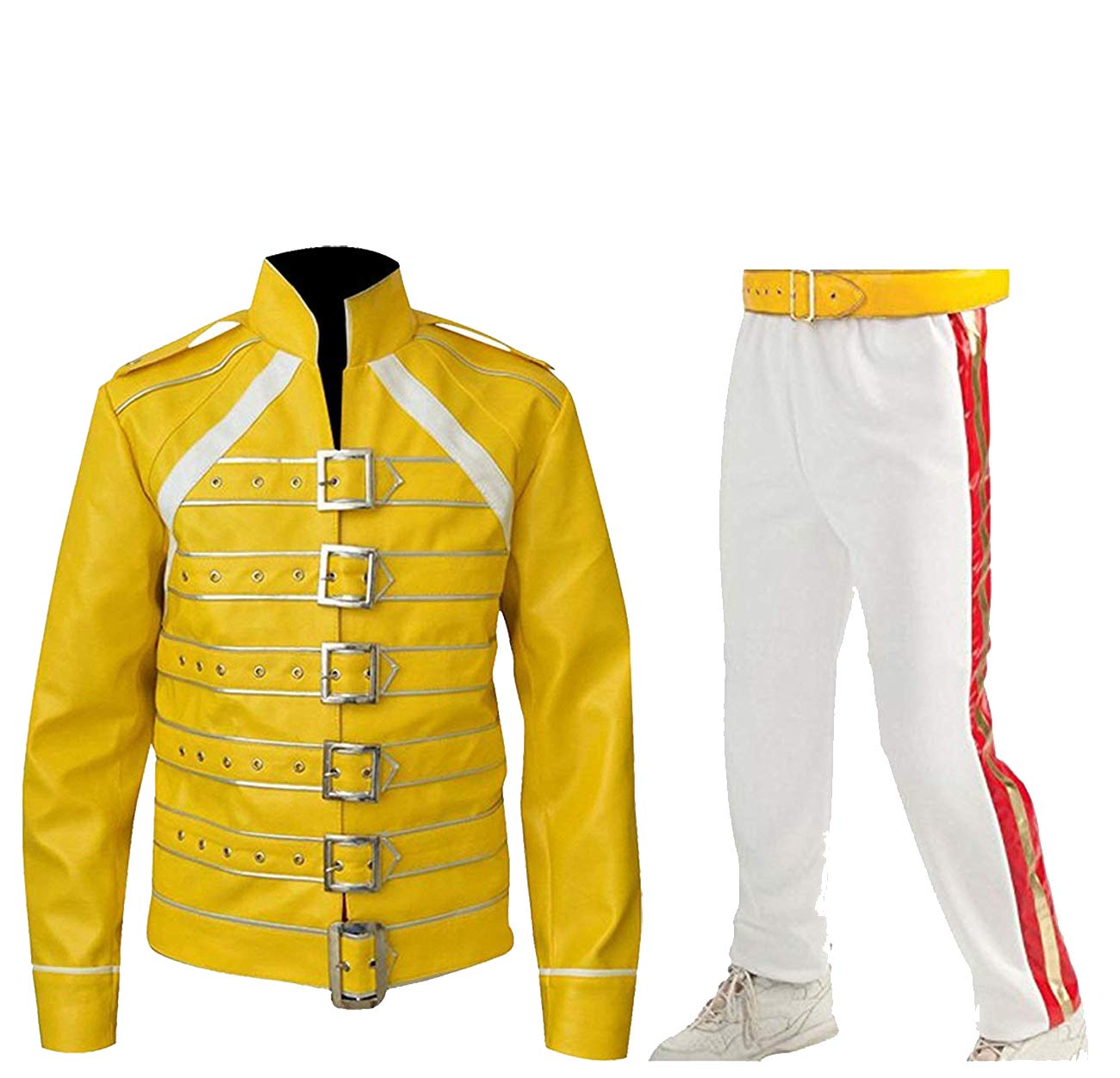 CHICAGO-FASHIONS Mens Freddie Concert Belted Motorcycle Yellow Faux Leather Mercury Costume, Freddie Mercury Jacket, Medium
