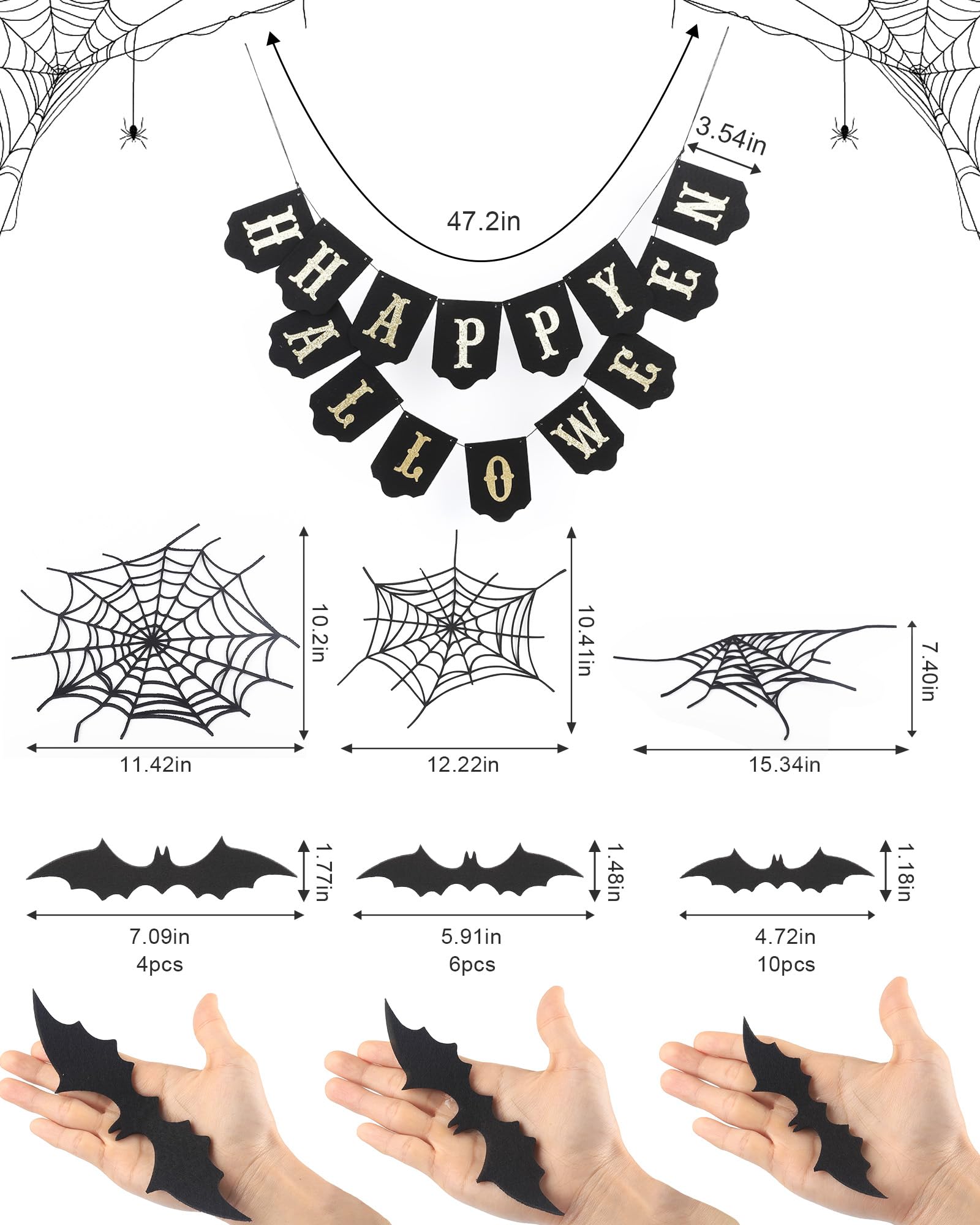 DN DECONATION Halloween Decorations Indoor Set, 24PCS Happy Halloween Banner Bundle, Halloween Garland Fireplace Mantel Decoration for Wall, Scary 3D Bat Spider Web for Spooky Party Home Office Decor