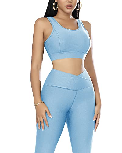 LAOARA Workout Sets for Women Ribbed Seamless Tank Crop Top and High Waist Sports Gym Workout Running Pants SetBlueM