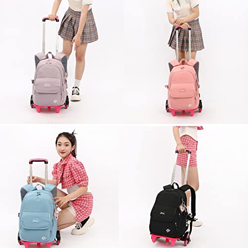 Mfikaryi Solid-Color Rolling Backpack for Girls Rolling Backpack for Kids Elementary Students with Wheel Travel Schoolbag