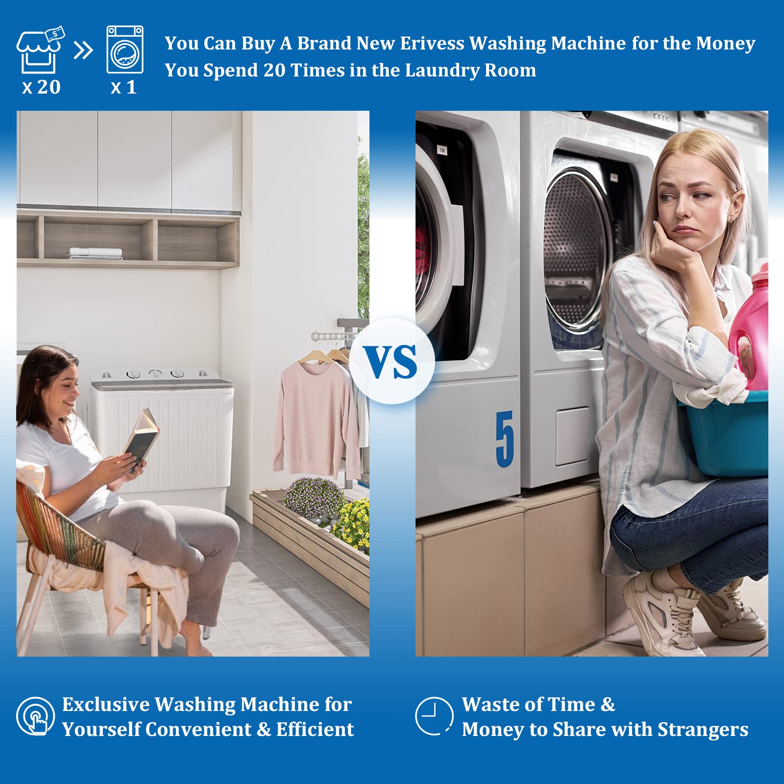 Erivess Portable Twin Tub 18lbs Washing Machine with Drying Rack, 11lbs Washer Mini Compact Laundry Machine with 7lbs Spinner, Semi-automatic Washer Combo for Dorms, Apartments