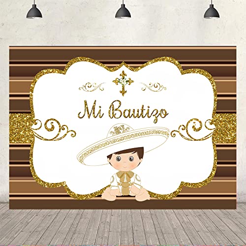 Mi Bautizo Baptism Backdrop,Mexican Hat Boy Gold Dots Brown Stripes Baby Shower Spanish Themed Party Decorations Supplies for Photography Background 5x3ft Banner Photo Booth