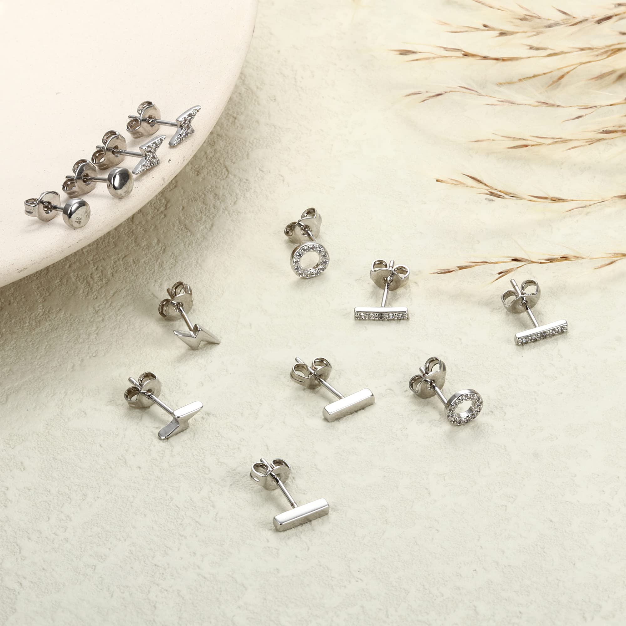 Dochais 6 Pairs Sterling Silver Stud Earrings for Women Men,14K Gold Plated Small Stud Earrings, Hypoallergenic Tiny Lightning Bolt Bar Circle CZ Stud Earrings Set