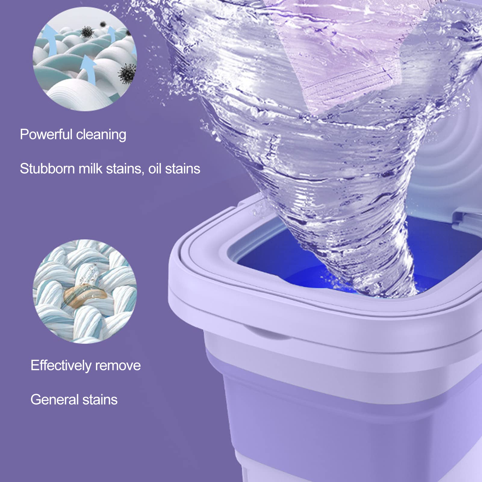 Generic Portable Washing Machine, Blue Light Folding Washing Machine with Drain Basket, 3 Levels Timing, Compact Laundry Washer for Apartment and Household (Purple)