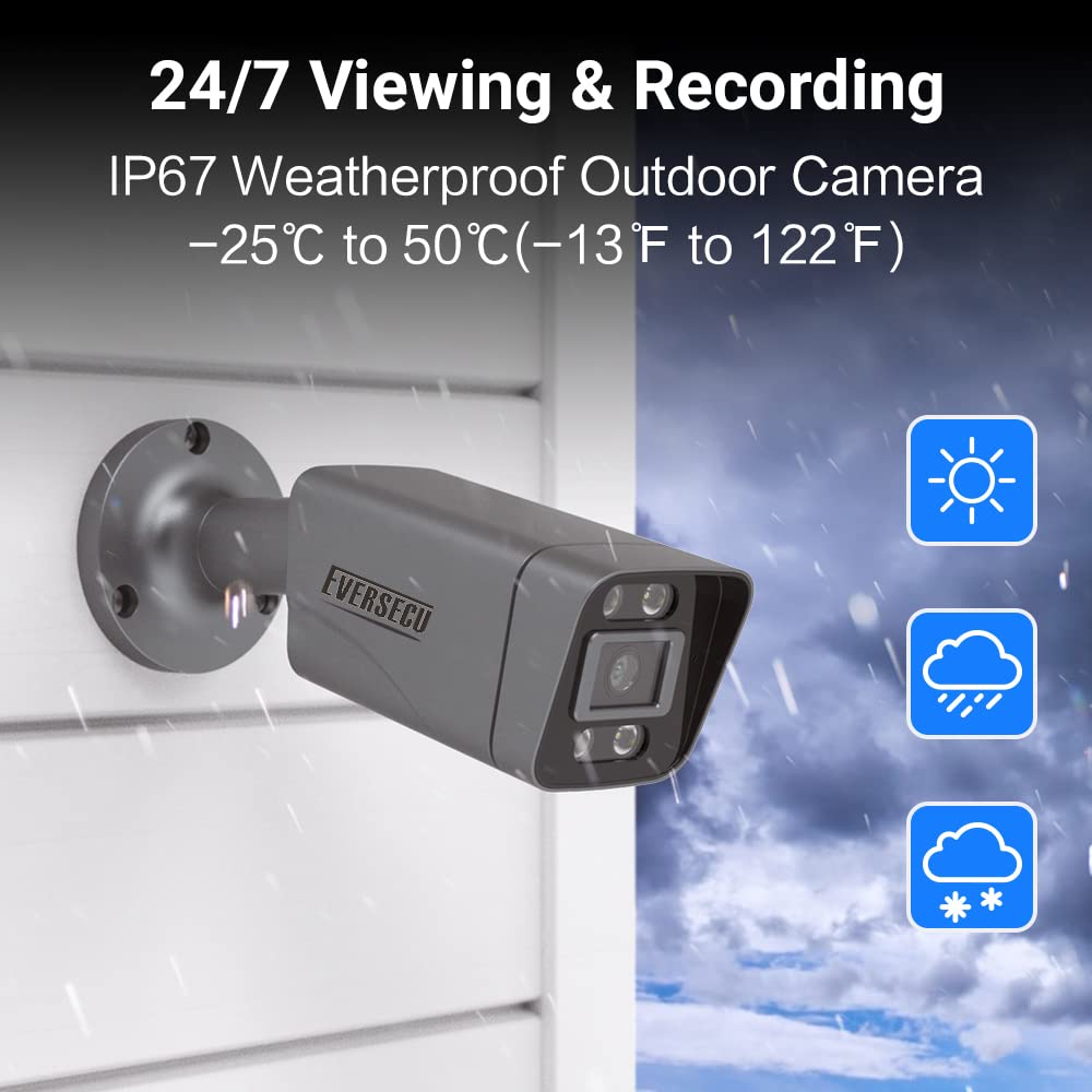 EVERSECU H.265 4MP POE(Power Over Ethernet) Outdoor IP Bullet Camera, Motion Detection Spotlight Full Color Night Vision, Built-in Microphone, IP66 Waterproof Home Security Surveillance CCTV Camera