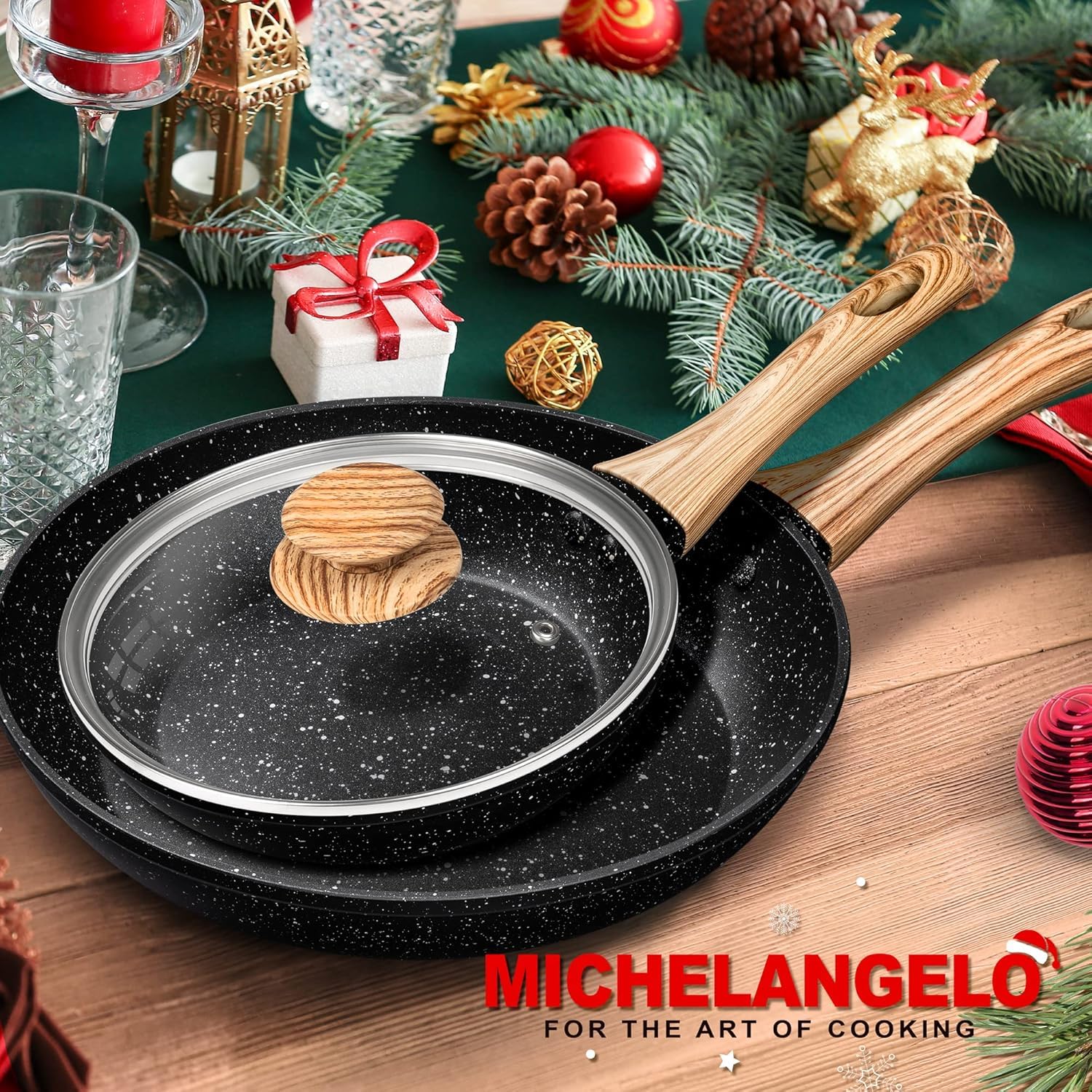 MICHELANGELO Nonstick Frying Pan with Lid, 12 Inch Frying Pan with Stone Coating, Large Frying Pan Granite with Bakelite Handle, Induction Compatible