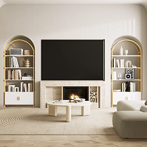Jehiatek Gold Bookshelf, Arched Bookcase with Doors Storage, 71" Tall Industrial Book Shelf with Sturdy Metal Frame, E1 Quality Boards, Freestanding Display Shelving Unit, White and Gold