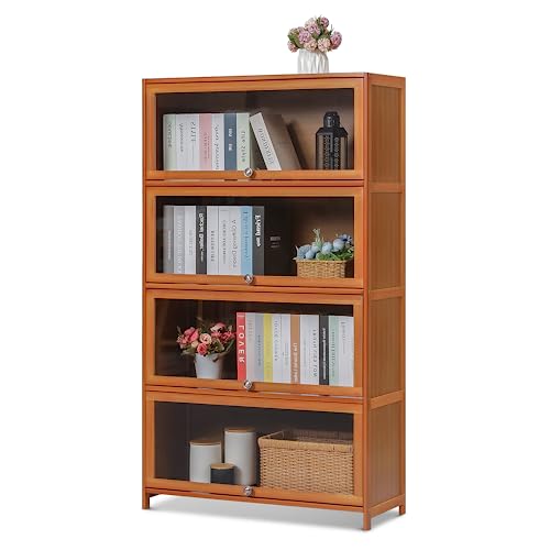 Magshion Bamboo 4-Tier Display Case Bookcase with Clear Acrylic Flip-Up Doors, Wide Brown Kitchen Cabinet Storage Pantry Cabinet Showcase Storage Cabinet Organizer - 31" L x 12.5" W x 54.5" H