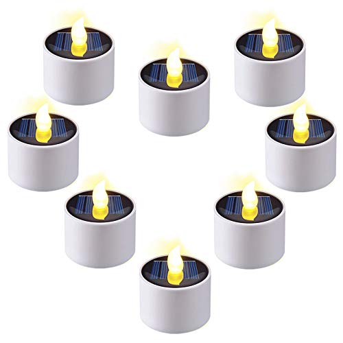 Decorman Solar Tea Lights, 8 Pack Flameless Rechargeable Amber Warm White Flickering LED Candle Lights, Waterproof Lantern Tealight for Home Wedding Garden Yard Pathway