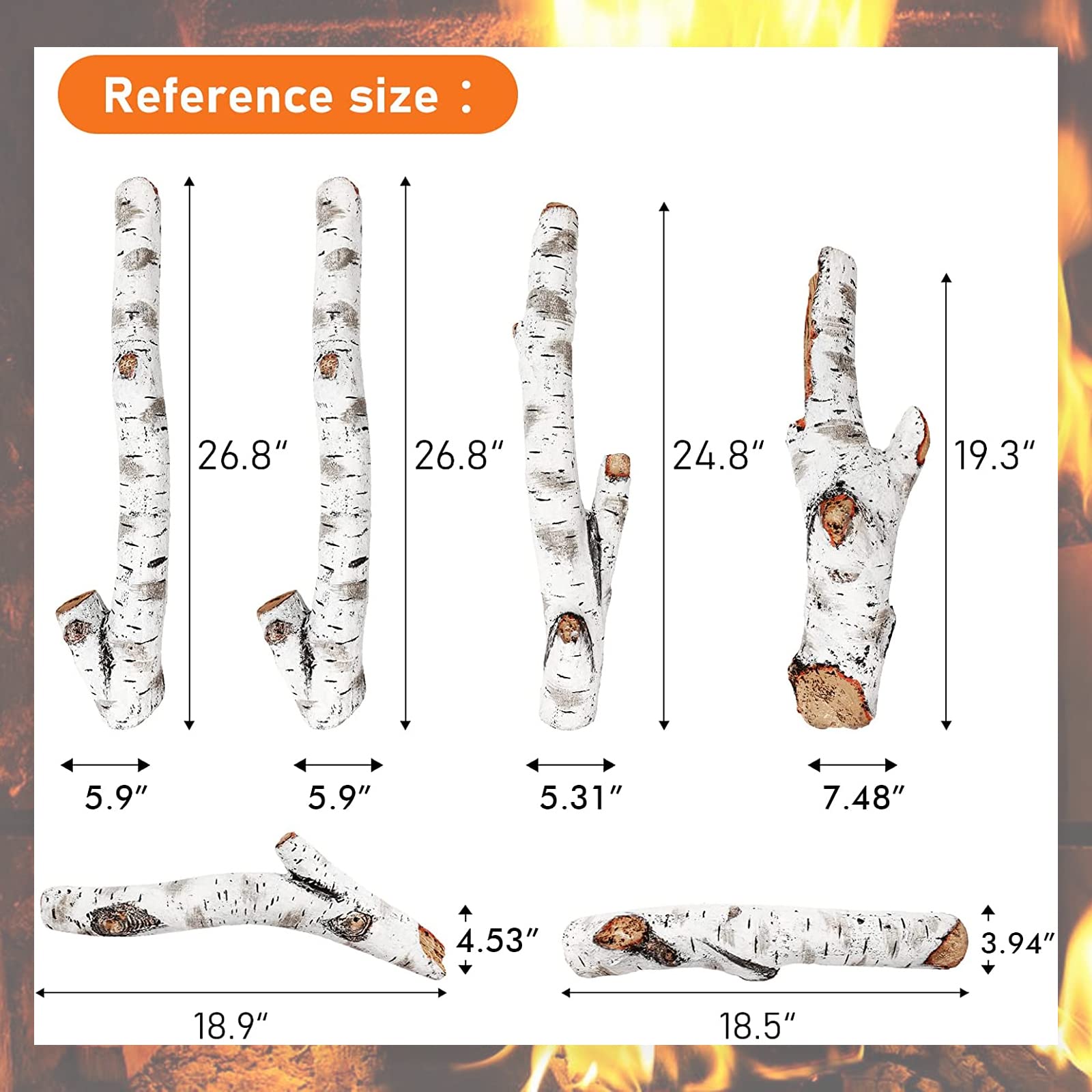 Uniflasy 26.8" Gas Fireplace Log Set, Ceramic White Birch for Intdoor Inserts, Vented, Propane, Electric Gas Fireplaces, Outdoor, Linear Fire Pits Ceramic Fiber Fake Wood Logs, Fireplace Decor, 6pcs