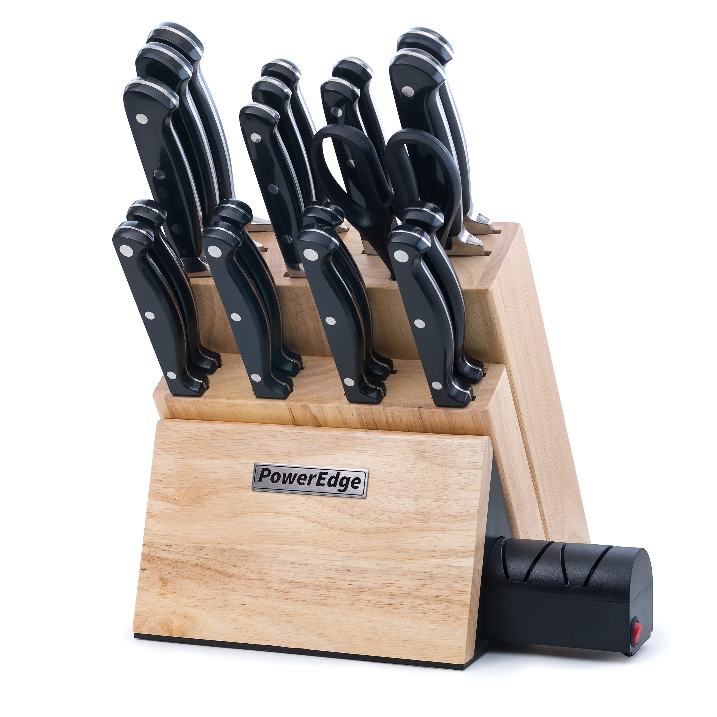Everyday Solutions PowerEdge 20 Piece Knife Block Set - Razor Sharp Forged German Steel Blades - Multi-Piece Kitchen Knife Set with Wooden Block and Built-In Electric Sharpener - Dishwasher Safe