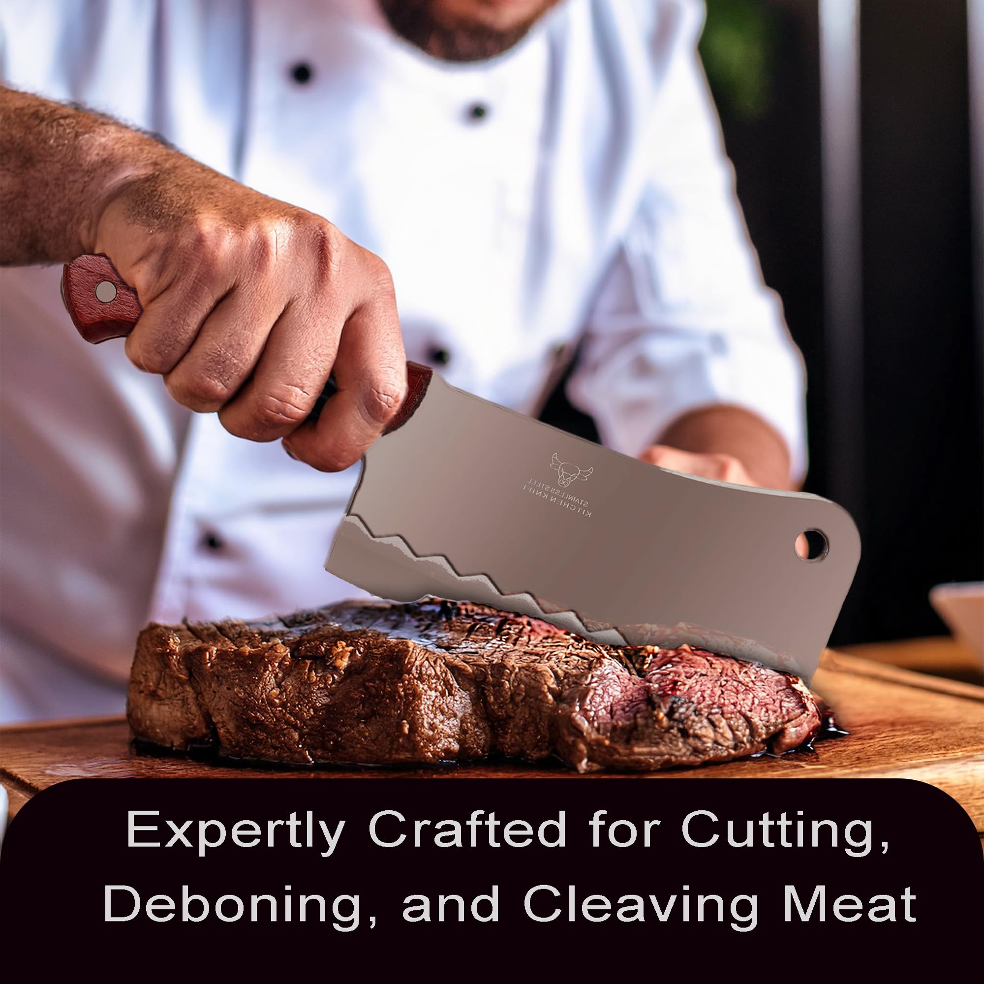 GOOHERA 8 Inch Ultra Sharp Meat Cleaver, Professional Butcher Knife with Stainless Steel and Wooden Handle for Versatile Kitchen and Restaurant Use
