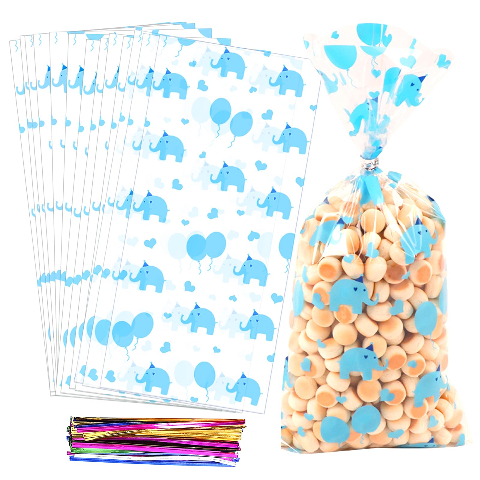 COQOFA 100 Pcs 5"X11" Gift Wrap Cello Cellophane Treat Bags Party Favor bags Clear Candy Cookie Bags Plastic Poly Goodie Storage Bags with Twist Ties for Baby Shower, Birthday, Wedding ,Party