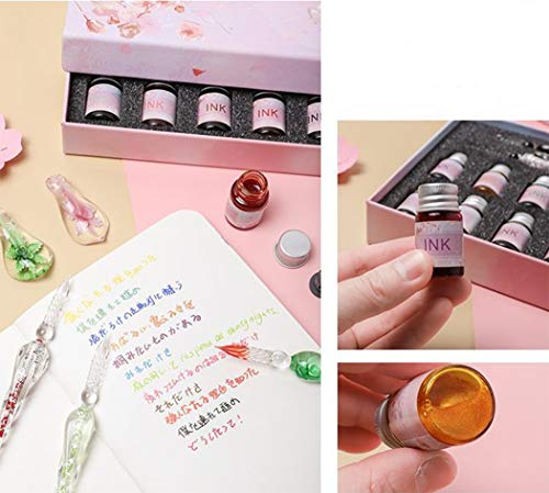 XIAOYU Glass Dip Pen Ink Set, 16 Pieces Calligraphy Pens Set - 12 Colorful Inks, Pen Holder, Cleaning Cup, 2 Crystal Glass Pens for Writing, Signature - Yellow