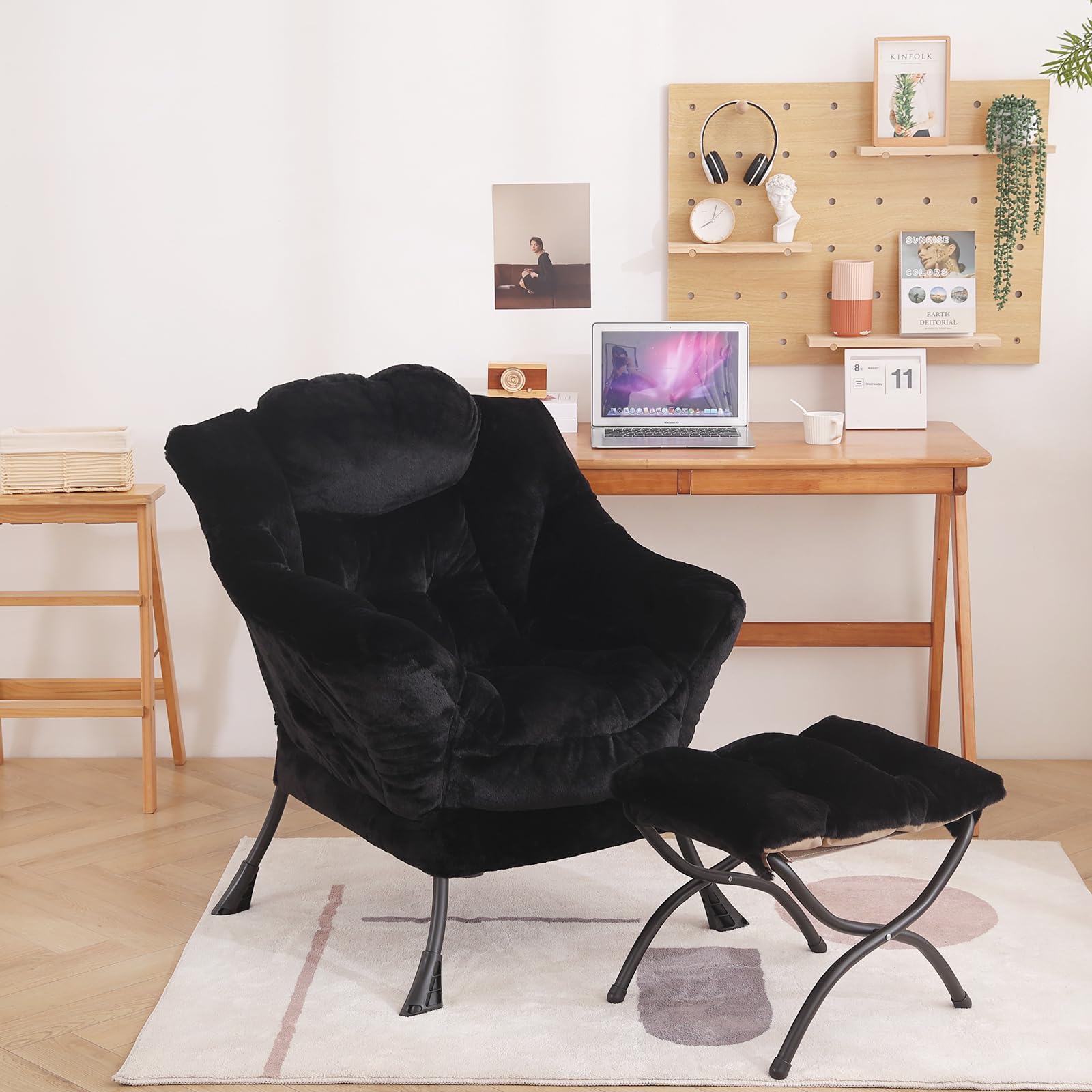 LITA Lazy Chair with Ottoman, Modern Accent Leisure Upholstered Sofa Chair, Lounge Reading Chair with Armrests and a Side Pocket for Living Room, Bedroom & Small Space, Plush Black