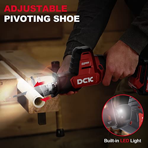 DCK Brushless Reciprocating Saw, 20V MAX Cordless Reciprocating Saw, 0-3000 SPM Variable Speeds, with 4.0Ah Battery & 2A Charger, LED Light, One Hand Saw Kit, 4 Blades Saw for Wood/Metal/PVC