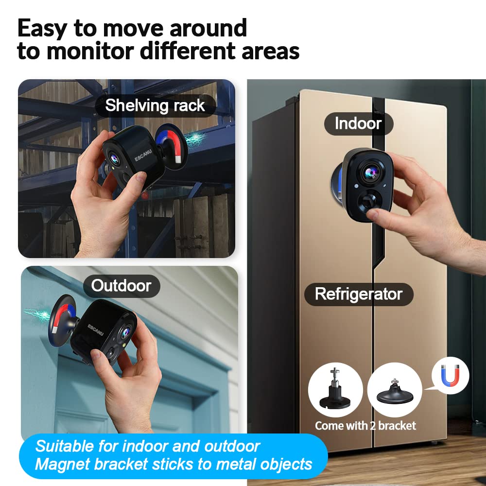 ESCANU Wireless Outdoor Security Camera Battery Rechargeable,WiFi AI Motion Detection Camera for Home Security with 2-Way Audio,Night Vision,Spotlight,1080P Full HD,Black Camera