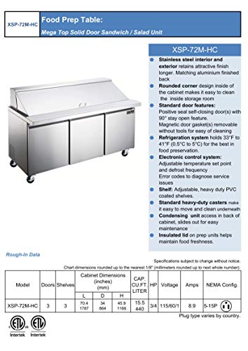 Xiltek New 72″ Three Door Mega Top Sandwich Salad Prep Refrigerator with 30 Pans Included
