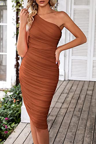 PRETTYGARDEN Women's Ruched Bodycon Dress 2023 Summer One Shoulder Sleeveless Party Cocktail Pencil Dresses (Caramel,Large)