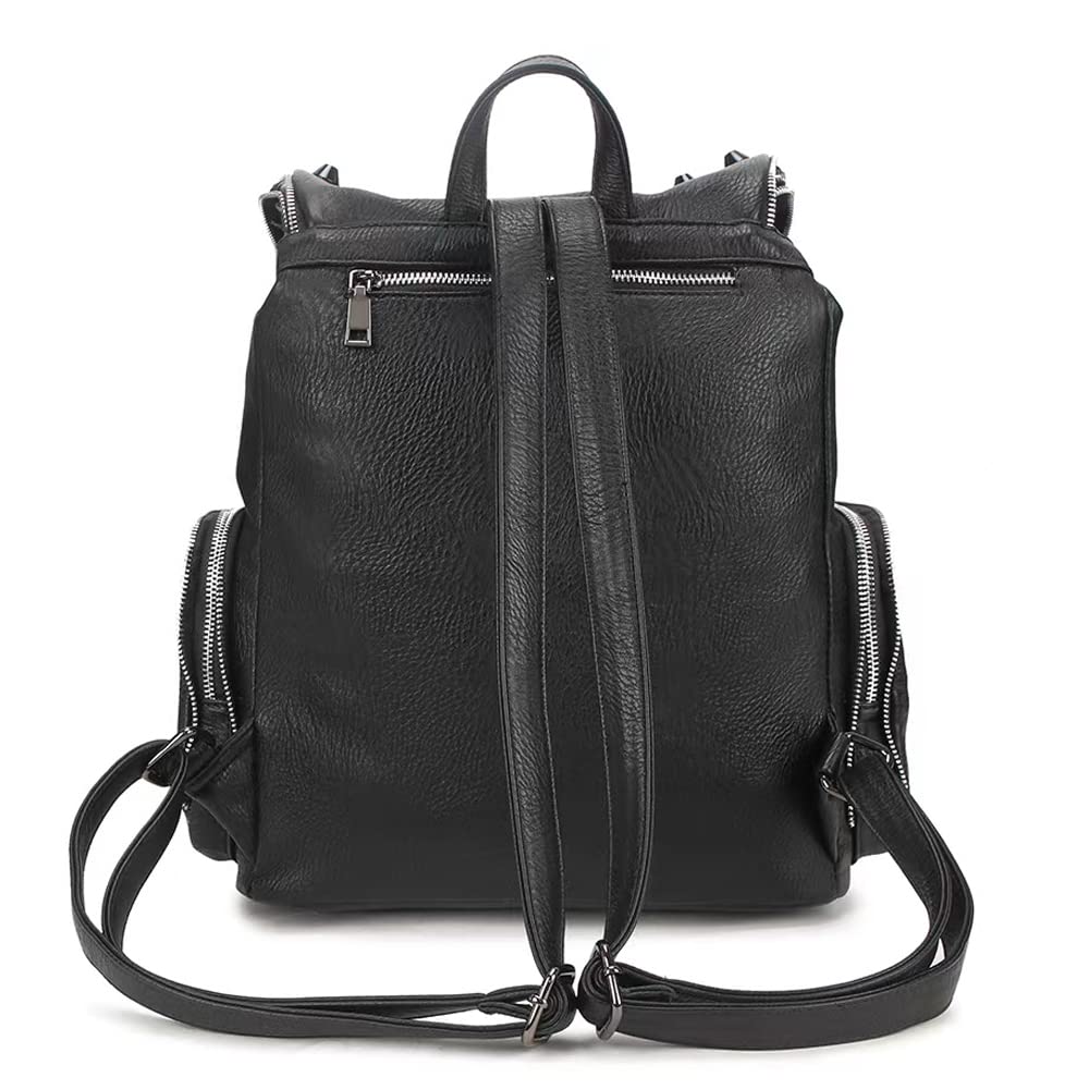 Downupdown Studded Backpacks for Women and Men Leather Flap Rivet Backpack knapsack Ladies Casual Daypack Shoulder Bag Cool Zipper Backpack with Top Handle Bucket Bag-Black