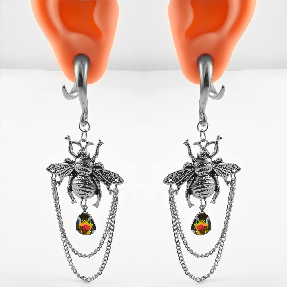 DOEARKO 2PCS Ear Gauges Cool Bee Ear Hanger Weights for Stretched Ears Body Piercing Tunnels 316 Stainless Steel Hypoallergenic Ear Plugs for Ears Expander Body Jewelry (10mm(00G), Silver)