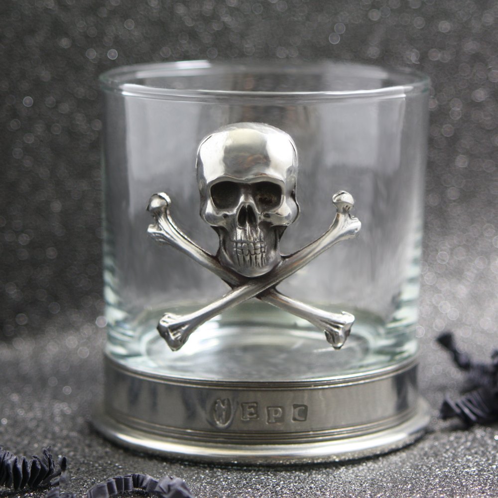 English Pewter Company 11oz Double Tumbler Poison Set Old Fashioned Whiskey Glass With Skull and Crossbones [TUM08]