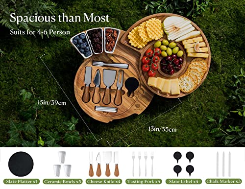 Dofira Nautilus Cheese Board and 4 Knife Set, Acacia Wood Large Round Charcuterie Board Kit with Slate Platter & Ceramic Bowls, Kitchen Gift Set for Housewarming, Bridal Shower, Wedding, Anniversary