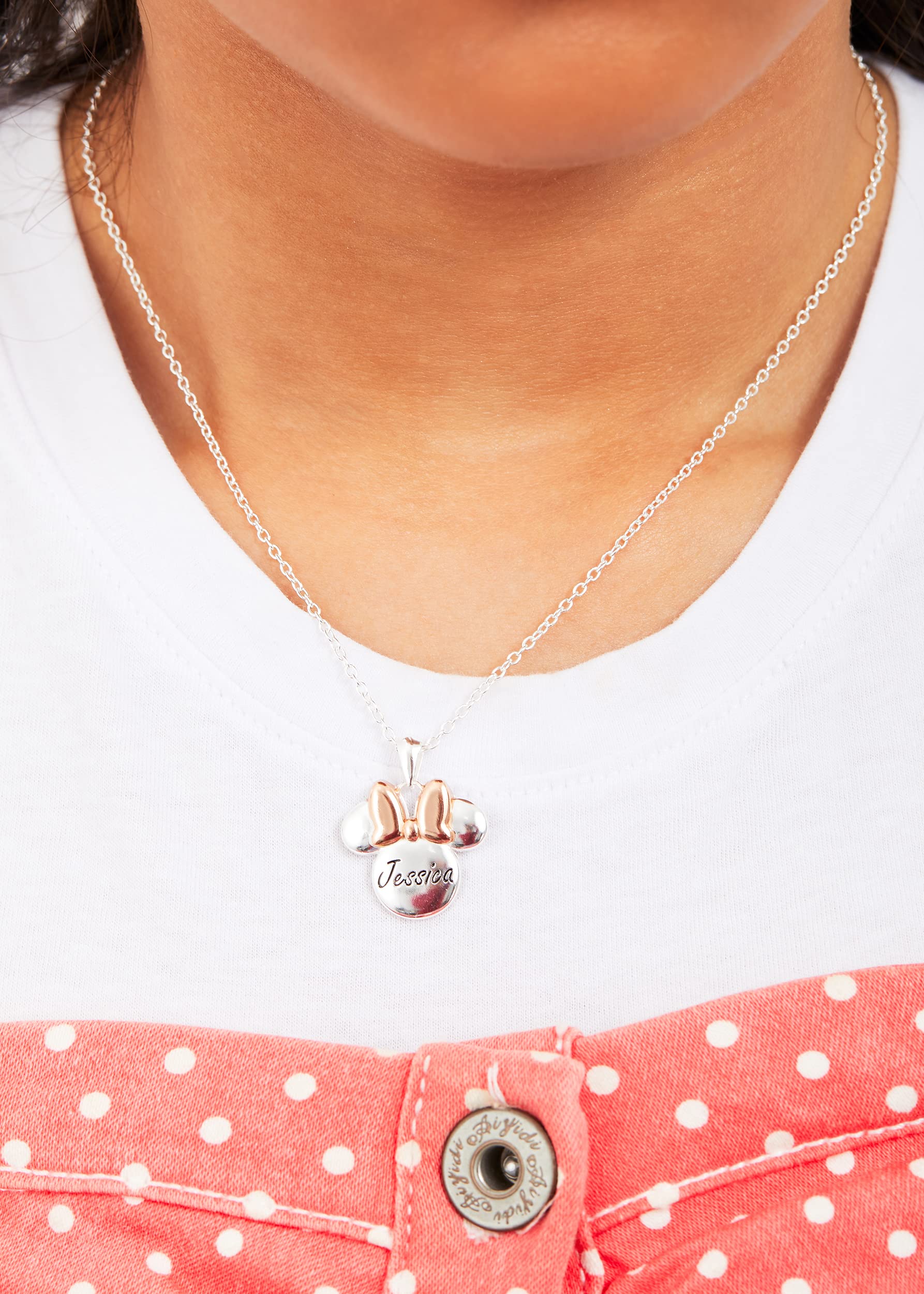 Disney Womens Minnie Mouse Custom Nameplate Necklace 18" - Sterling Silver Name Necklace with Personalized Minnie Mouse Pendant - Officially Licensed