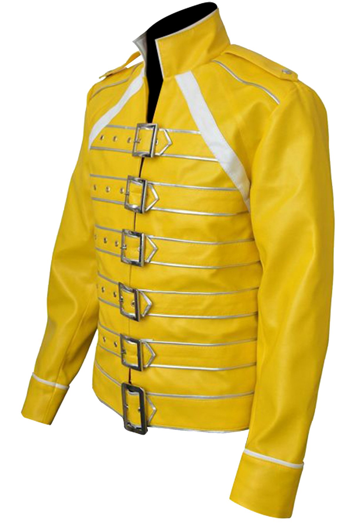 CHICAGO-FASHIONS Mens Freddie Concert Belted Motorcycle Yellow Faux Leather Mercury Costume, Freddie Mercury Jacket, Medium