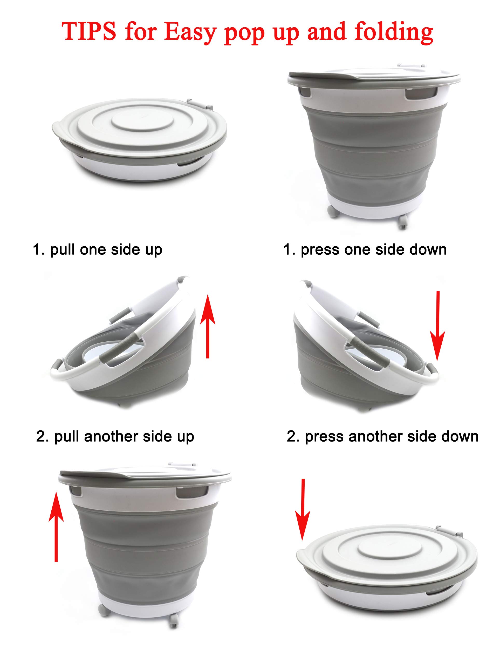 SAMMART 66L(17.4 Gallon) Collapsible Plastic Garbage Bin with Wheels & Removable Lid-Foldable Pop Up Container-Portable Washing Tub-Space Saving Basket,Water Capacity 56L(14.8 Gallon) (1, Grey)