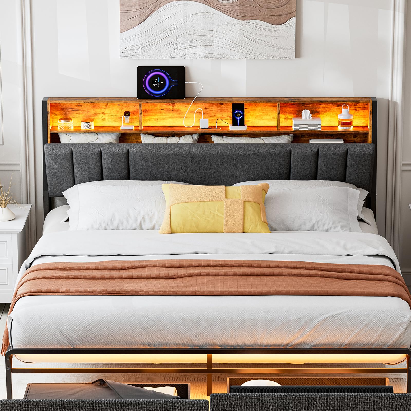 IKIFLY Hidden Storage Headboard California King Size with Charging Station, Ergonomic Upholstered Cal King Headboard Only with LED Lights, 2 Outlets & 2 USB Ports, Easy Assembly, Dark Grey