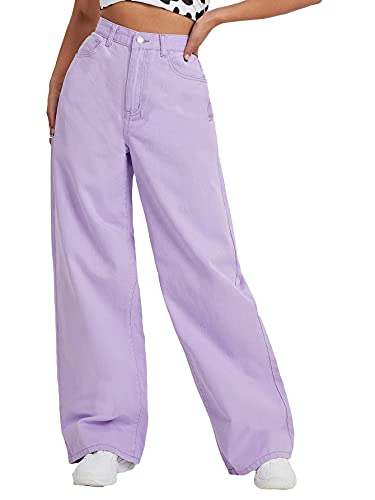 MakeMeChic Women's Casual High Waist Jeans Wide Leg Denim Pants Purple M